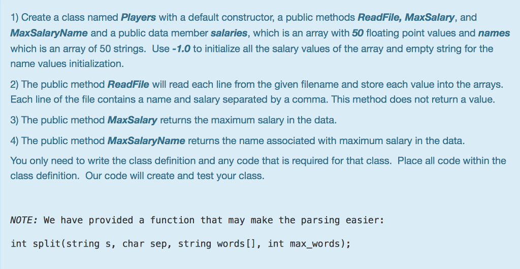 1) Create a class named Players with a default | Chegg.com