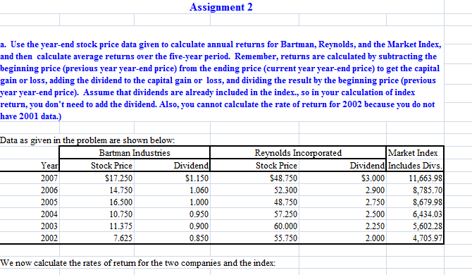 Solved Assignment 2 Use the year-end stock price data given | Chegg.com