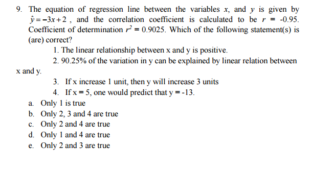 Solved The equation of regression line between the variables | Chegg.com