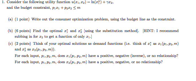 Solved Consider the following utility function u(x_1,x_2) = | Chegg.com