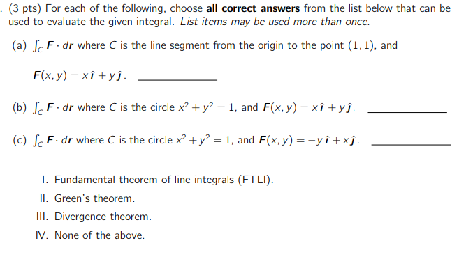 Solved (3 pts) For each of the following, choose all correct | Chegg.com