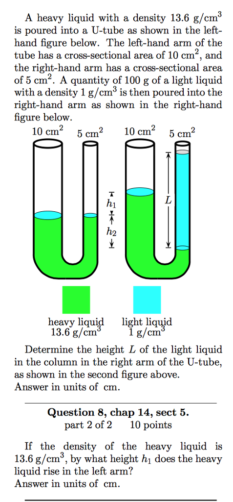 Solved A heavy liquid with a density 13.6 g/cm^3 is poured | Chegg.com