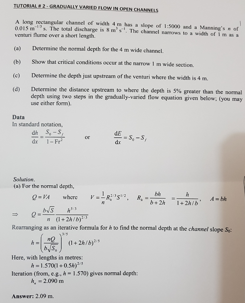 Solved TUTORIAL # 2-GRADUALLY VARIED FLOW IN OPEN CHANNELS A | Chegg.com