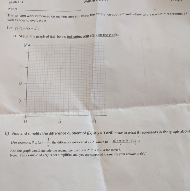Solved Math 151 Name This written work is focused on making | Chegg.com