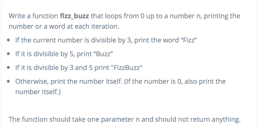 Solved Write a function fizz_buzz that loops from 0 up to a | Chegg.com