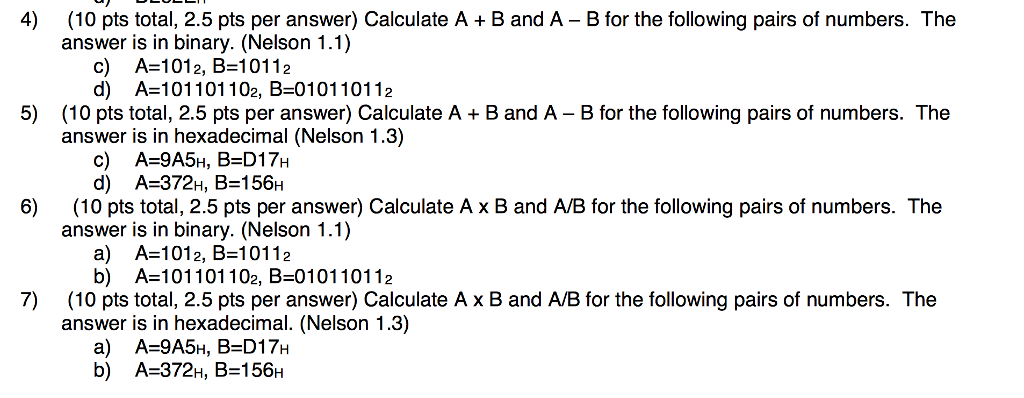 Solved 4) (10 pts total, 2.5 pts per answer) Calculate A B | Chegg.com