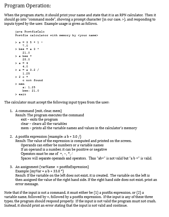 Solved Program: Postfix Calculator with Memory In this | Chegg.com