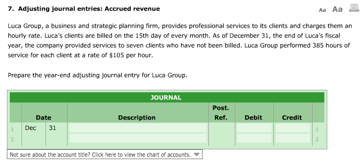 Solved 7. Adjusting journal entries: Accrued revenue Aa Aa | Chegg.com
