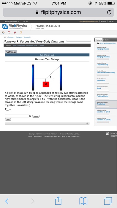 Solved A block of mass M = 15 kg is suspended at rest by two | Chegg.com