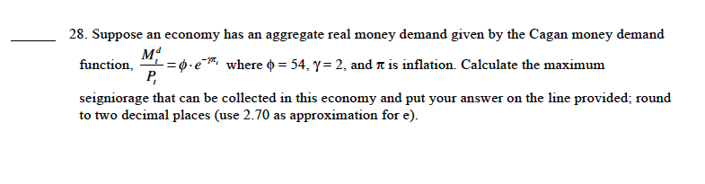Solved Suppose an economy has an aggregate real money demand | Chegg.com