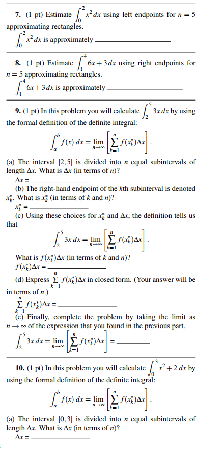 Solved 7. (1 pt) Estimate 2 dx using left endpoints for n5 | Chegg.com