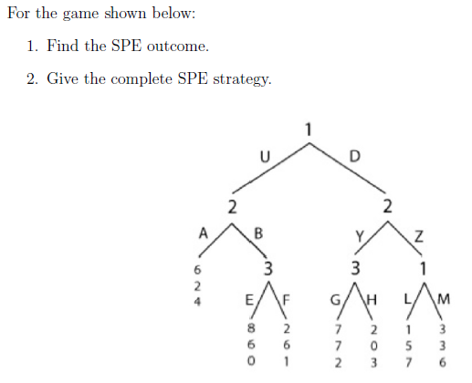 Solved For the game shown below: 1. Find the SPE outcome. 2. | Chegg.com