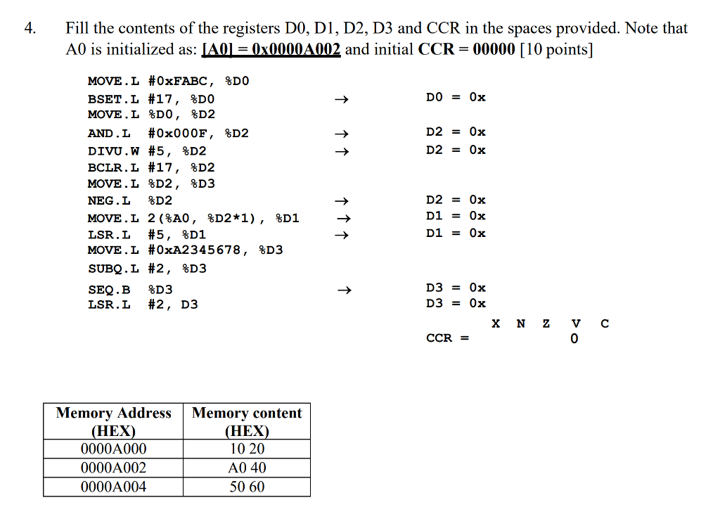Solved 4.Fill the contents of the registers DO, D1, D2, D3 | Chegg.com
