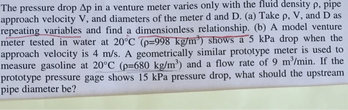 Solved The pressure drop Delta P in a venture meter varies | Chegg.com