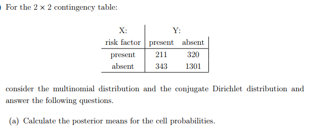 Solved For the 2 x 2 contingency table X: Y: risk factor | Chegg.com