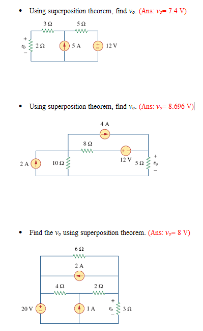 Solved Using superposition theorem, find vo. (Ans: vo 7.4 V) | Chegg.com