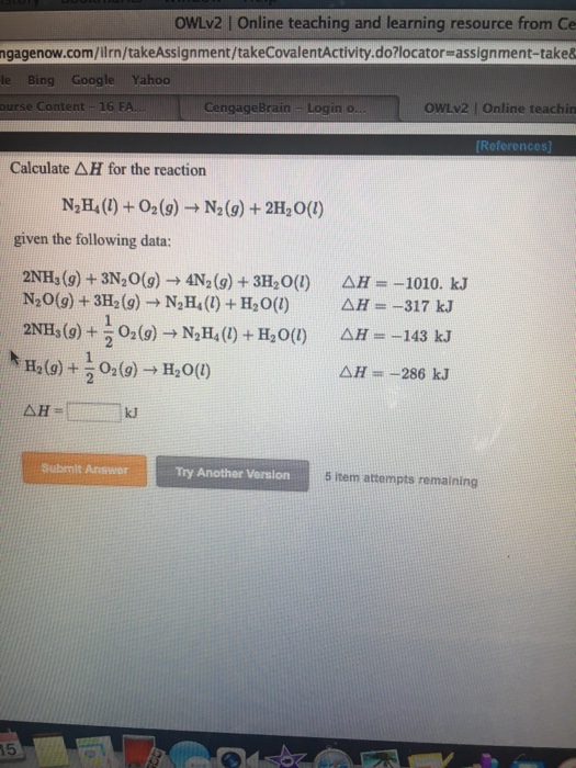 Solved Calculate Delta H for the reaction N_2H_4(l) + | Chegg.com