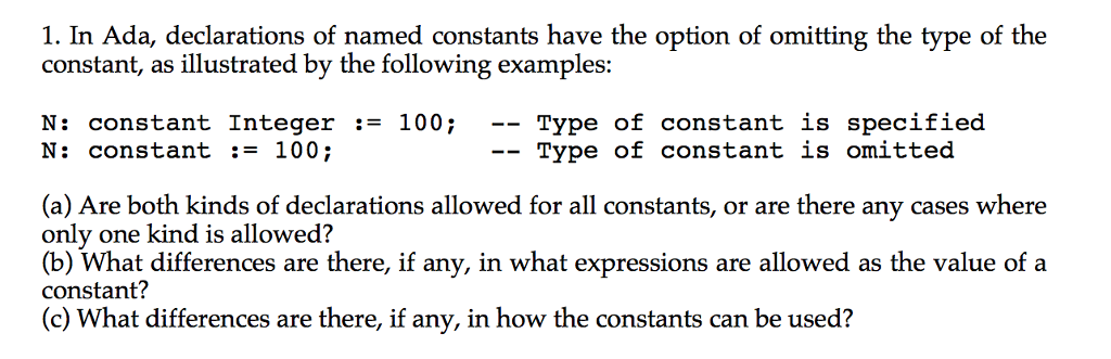 Solved In Ada, declarations of named constants have the | Chegg.com