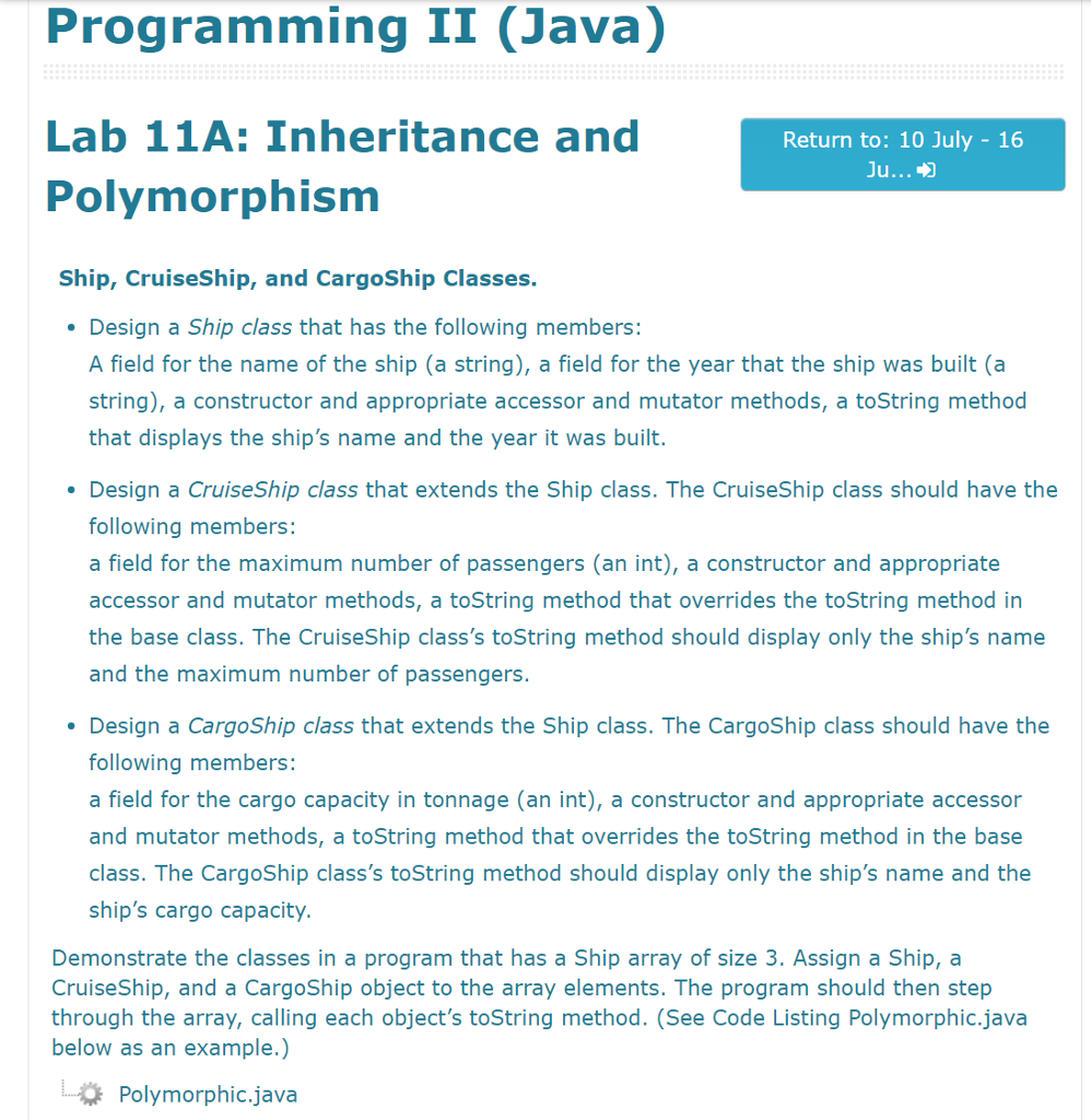 Solved Programming II (Java) Lab 11A: Inheritance and | Chegg.com