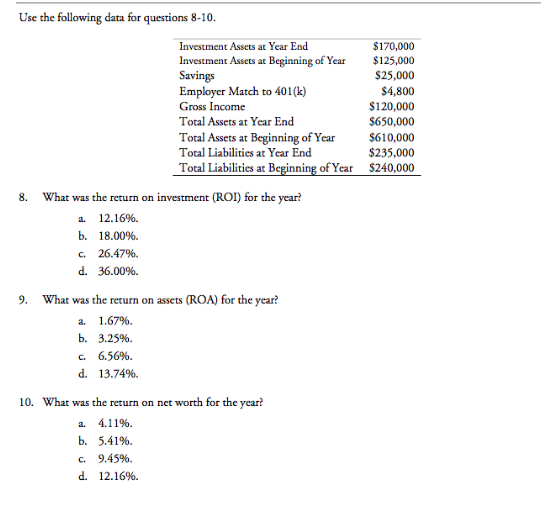 Solved Use the following data for questions 8-10. What was | Chegg.com