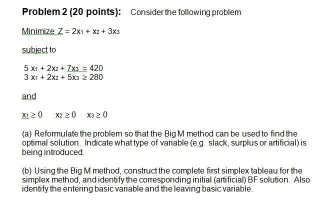 Solved Problem 2 (20 points): Minimize,.Z = 2X1 + X2 + 3X3 | Chegg.com