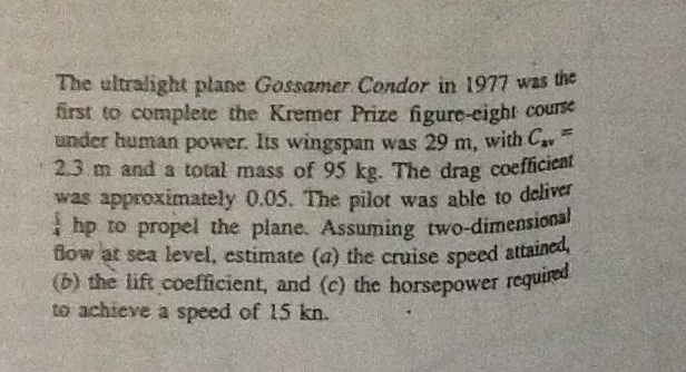 Solved The ultralight plane Gossamer Condor in 1977 was the | Chegg.com