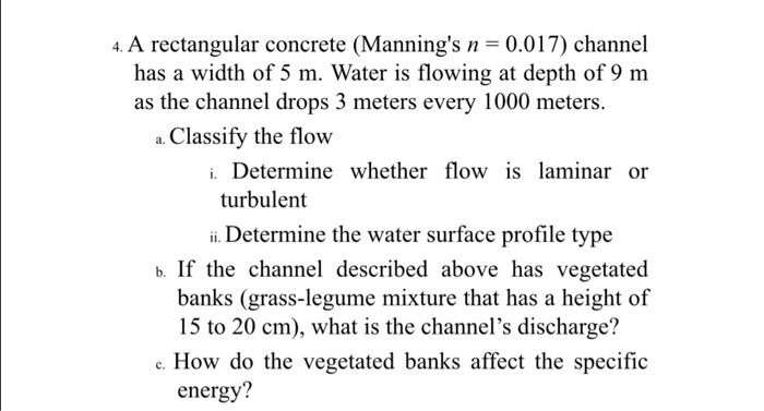 Solved A rectangular concrete (Manning's n = 0.017) channel | Chegg.com