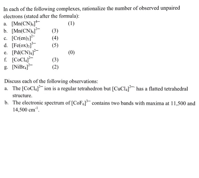 Solved In each of the following complexes, rationalize the | Chegg.com