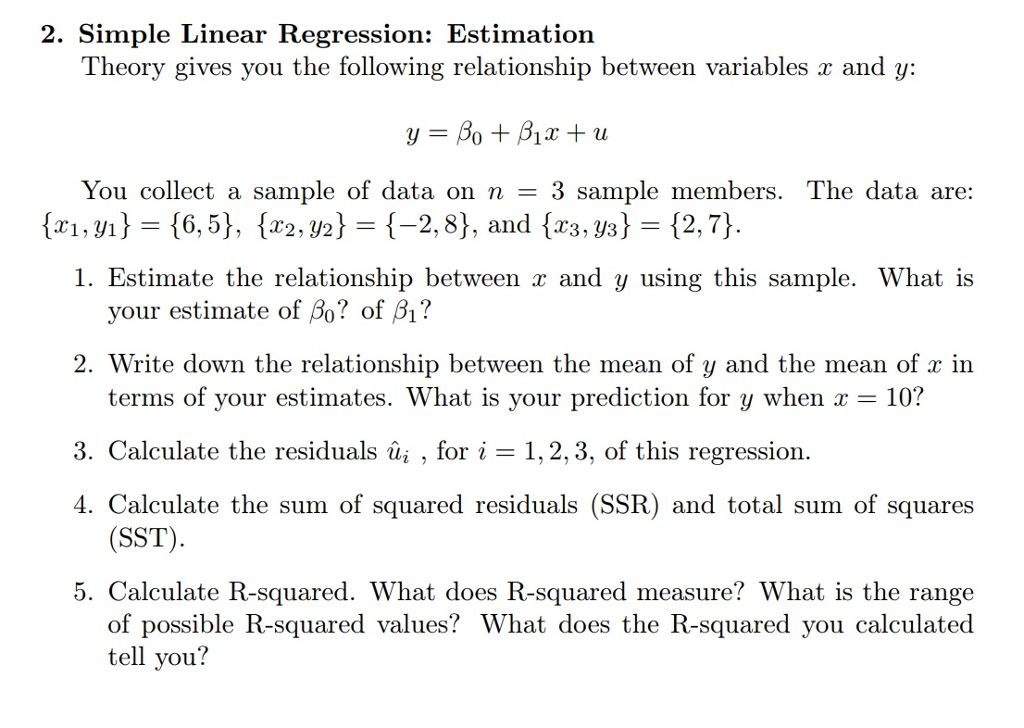2. Simple Linear Regression: Estimation Theory gives | Chegg.com