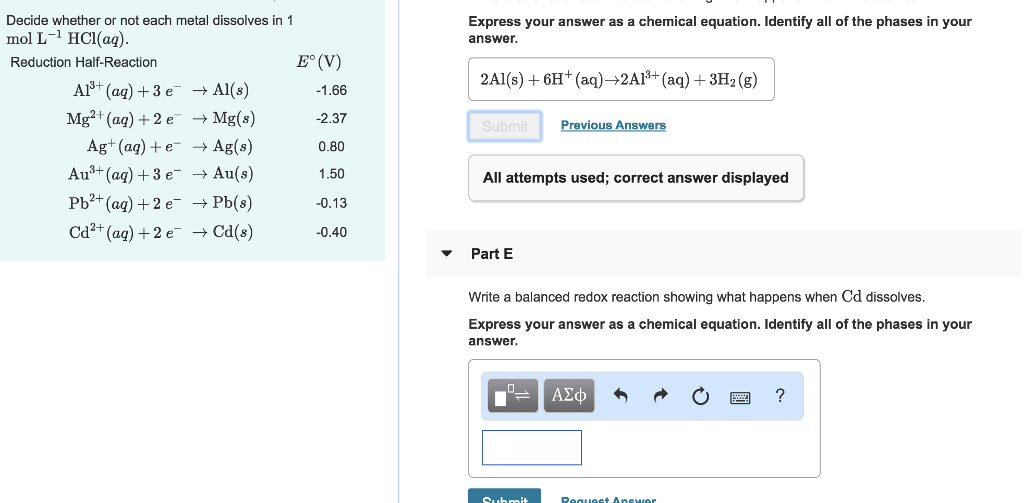 Solved Decide whether or not each metal dissolves in 1 mol | Chegg.com