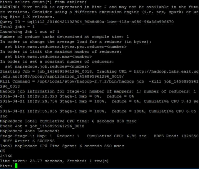 Solved hive> select count from athlete WARNING: Hive-on-MR | Chegg.com