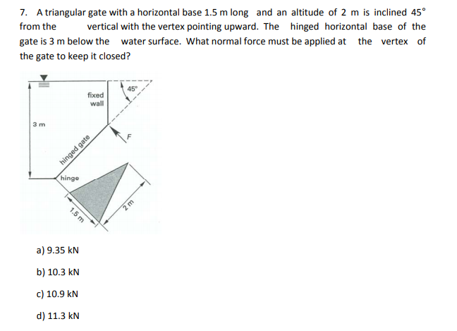Solved 7. A triangular gate with a horizontal base 1.5 m | Chegg.com