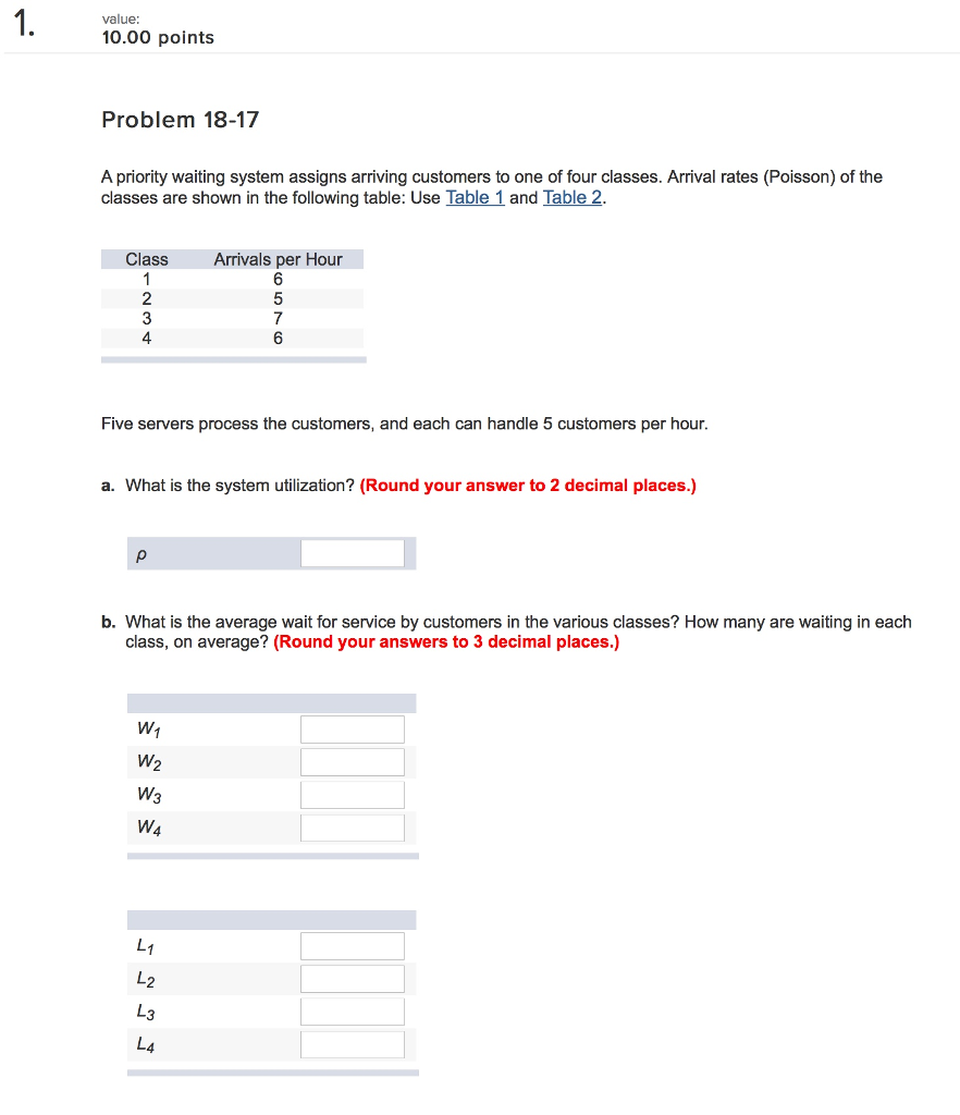 Solved value: 10.00 points Problem 18-17 A priority waiting | Chegg.com