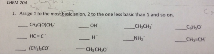 Solved 1. Assign I to the most basic anion, 2 to the one | Chegg.com