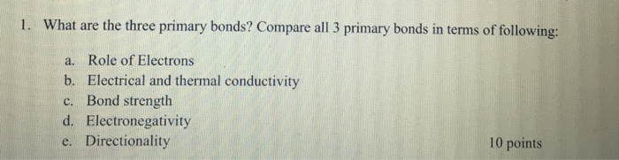 Solved What are the three primary bonds? Compare all 3 | Chegg.com