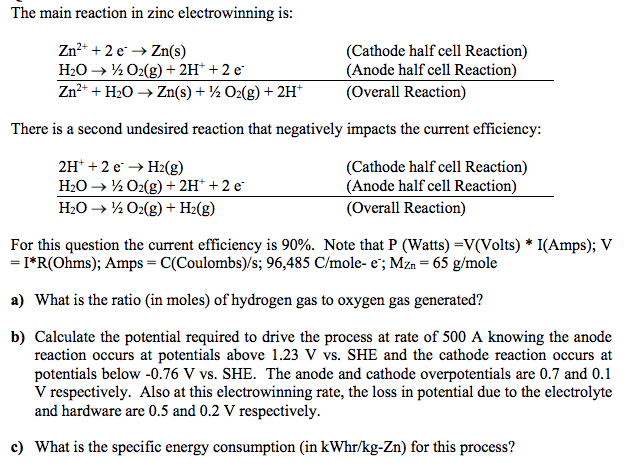 The main reaction in zinc electrowinning is: Zn2+ + 2 | Chegg.com