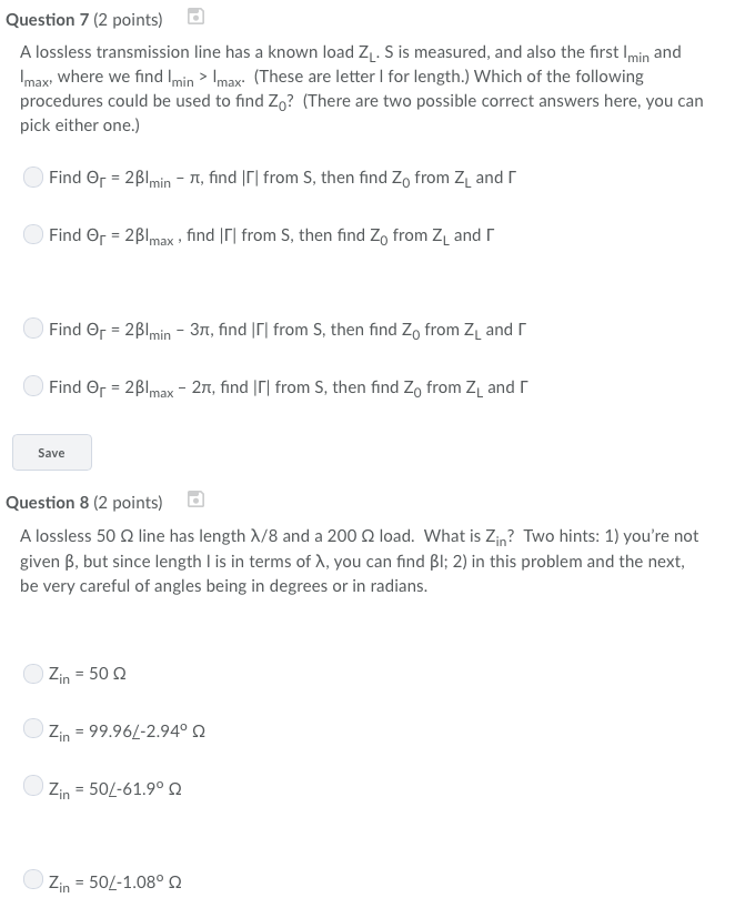 Solved Question 7 (2 points) A lossless transmission line | Chegg.com