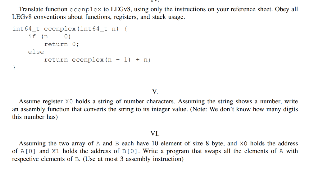 Solved Translate function ecenplex to LEGv8, using only the | Chegg.com