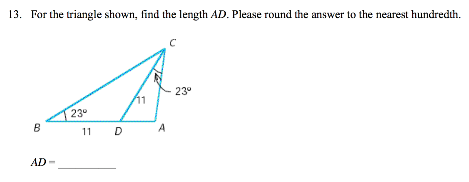 Solved For the triangle shown, find the length AD. Please | Chegg.com