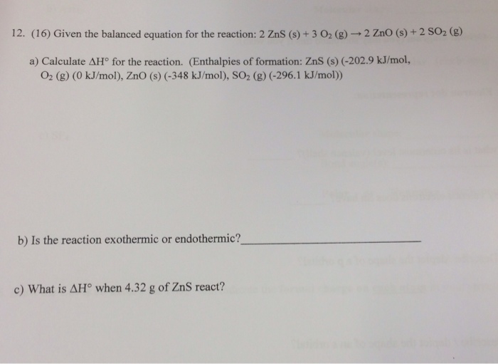 Solved Given the balanced equation for the reaction: 2 ZnS | Chegg.com