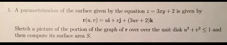 Solved 1. A parametrization of the surface given by the | Chegg.com