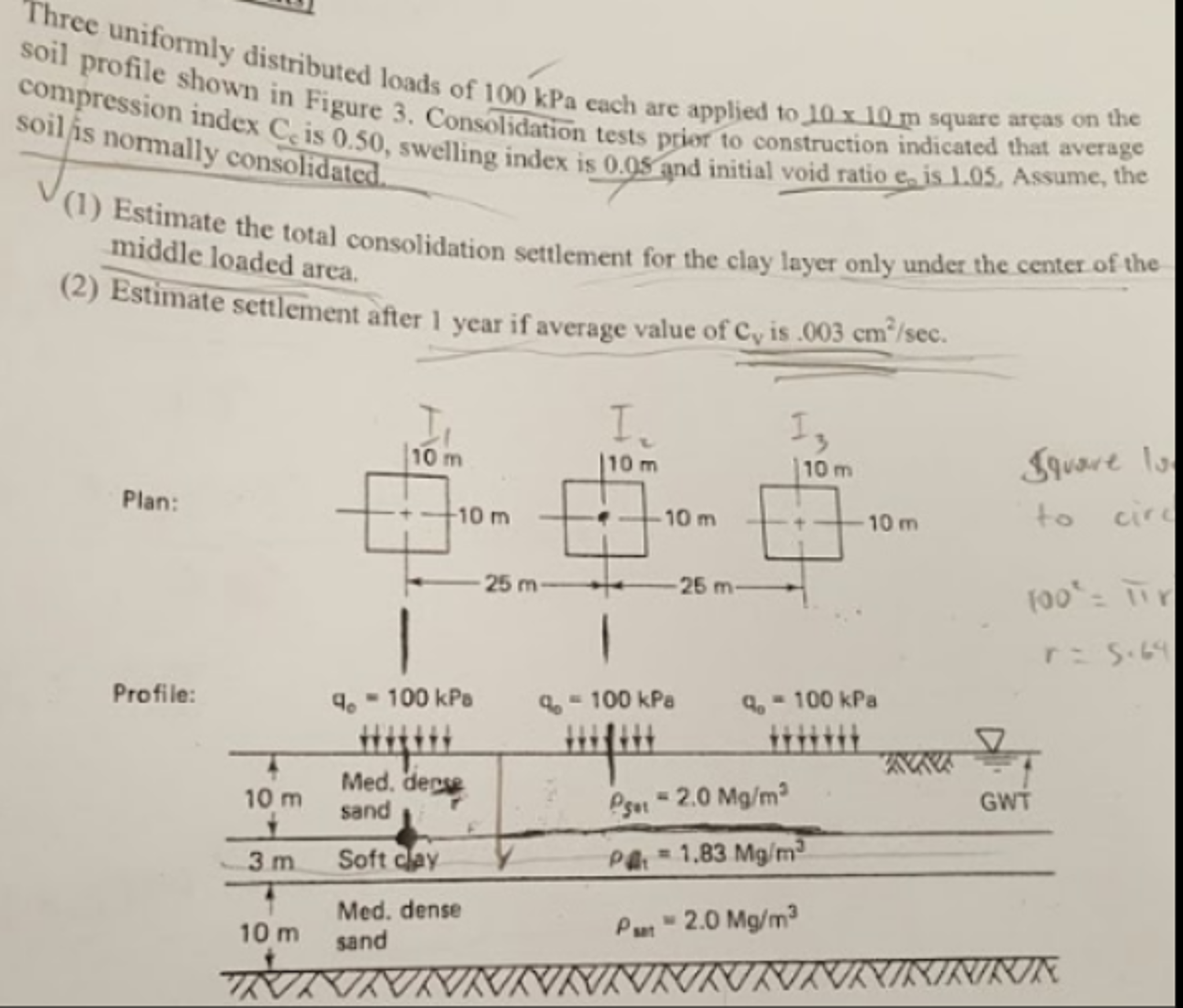 Solved Three uniformly distributed loads of 100 kPa each are | Chegg.com