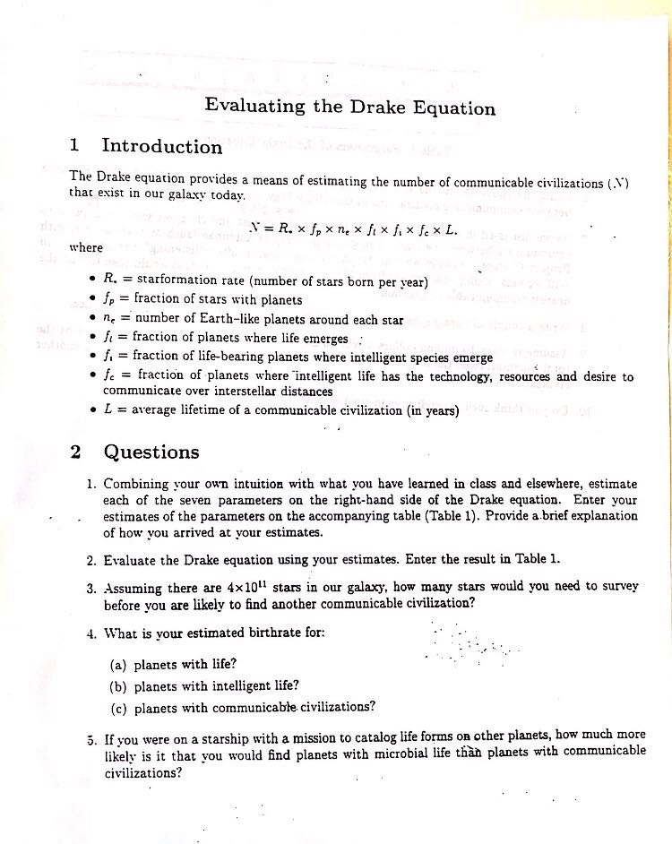 Evaluating the Drake Equation 1 Introduction The | Chegg.com