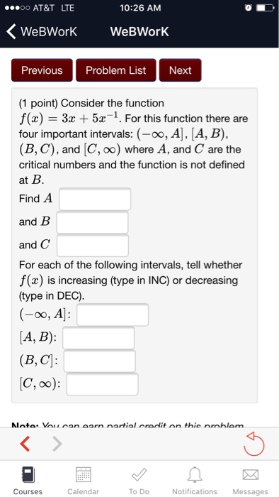 Solved 0O AT&T LTE 10:26 AM WeBWorK WeBWorK (1 point) Use a | Chegg.com