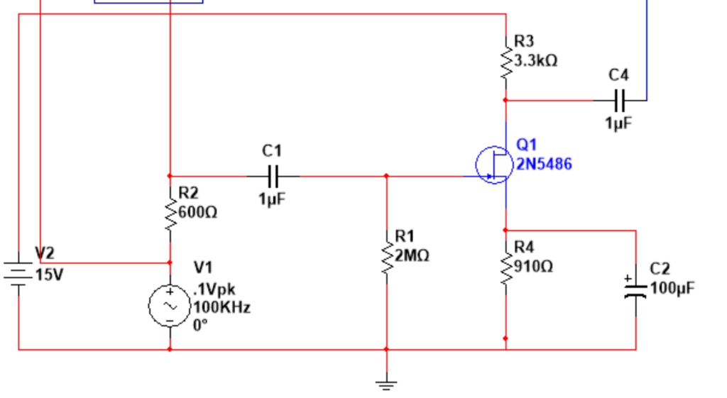 Solved R3 3.3kΩ C4 Q1 2N5486 C1 R2 600Ω R1 R4 910Ω 2 C2 V1 | Chegg.com