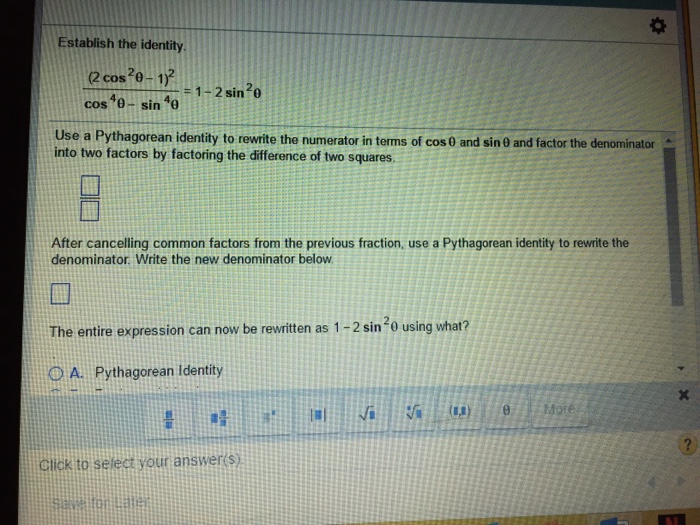 Solved Establish the identity. (a cos^2 theta - 1)^2/cos^4 | Chegg.com