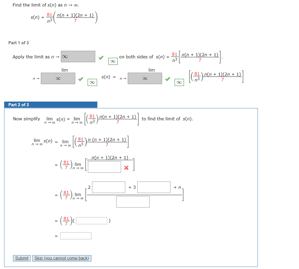 Solved Find the limit of s(n) as n → n(n + 1)(2n + 1) s(n) = | Chegg.com