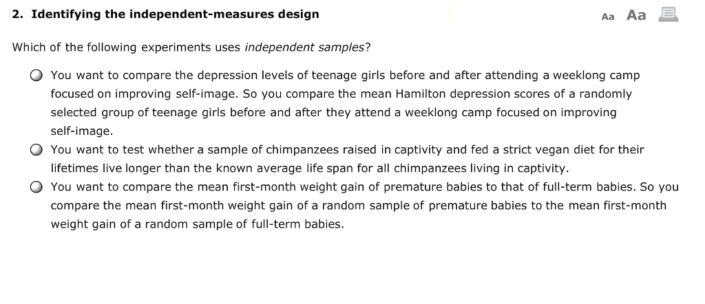 Solved 2. Identifying the independent-measures design Aa Aa | Chegg.com