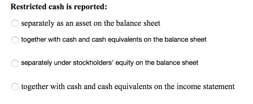 Solved Restricted cash is reported: separately as an asset | Chegg.com
