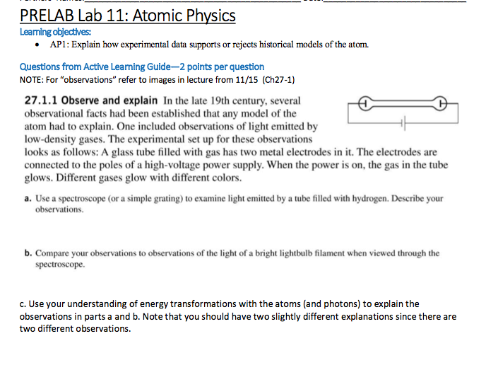 Solved PRELAB Lab 11: Atomic Physics Leaming objectives: | Chegg.com